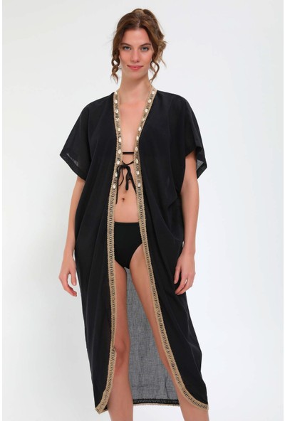 Endeep Kadın Deniz Kabuğu Aksesuarlı Önden Bağlamalı Siyah Plaj Elbisesi