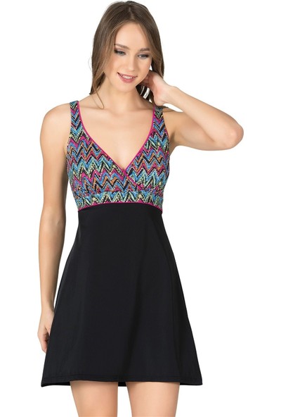 Endeep Kadın Zigzag Desenli Kruvaze Yaka Elbise Mayo