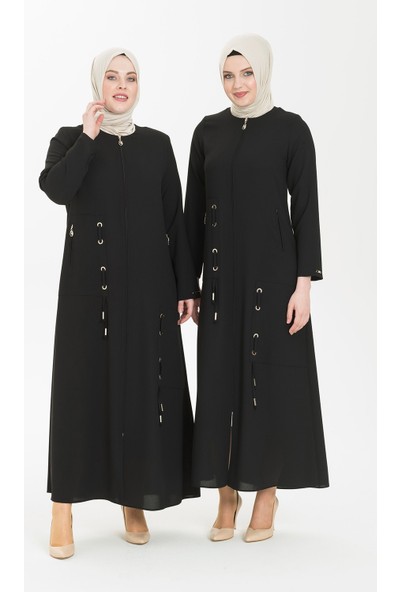 Beyza Kuş Gözlü Büyük Cepli Siyah Ferace 3345