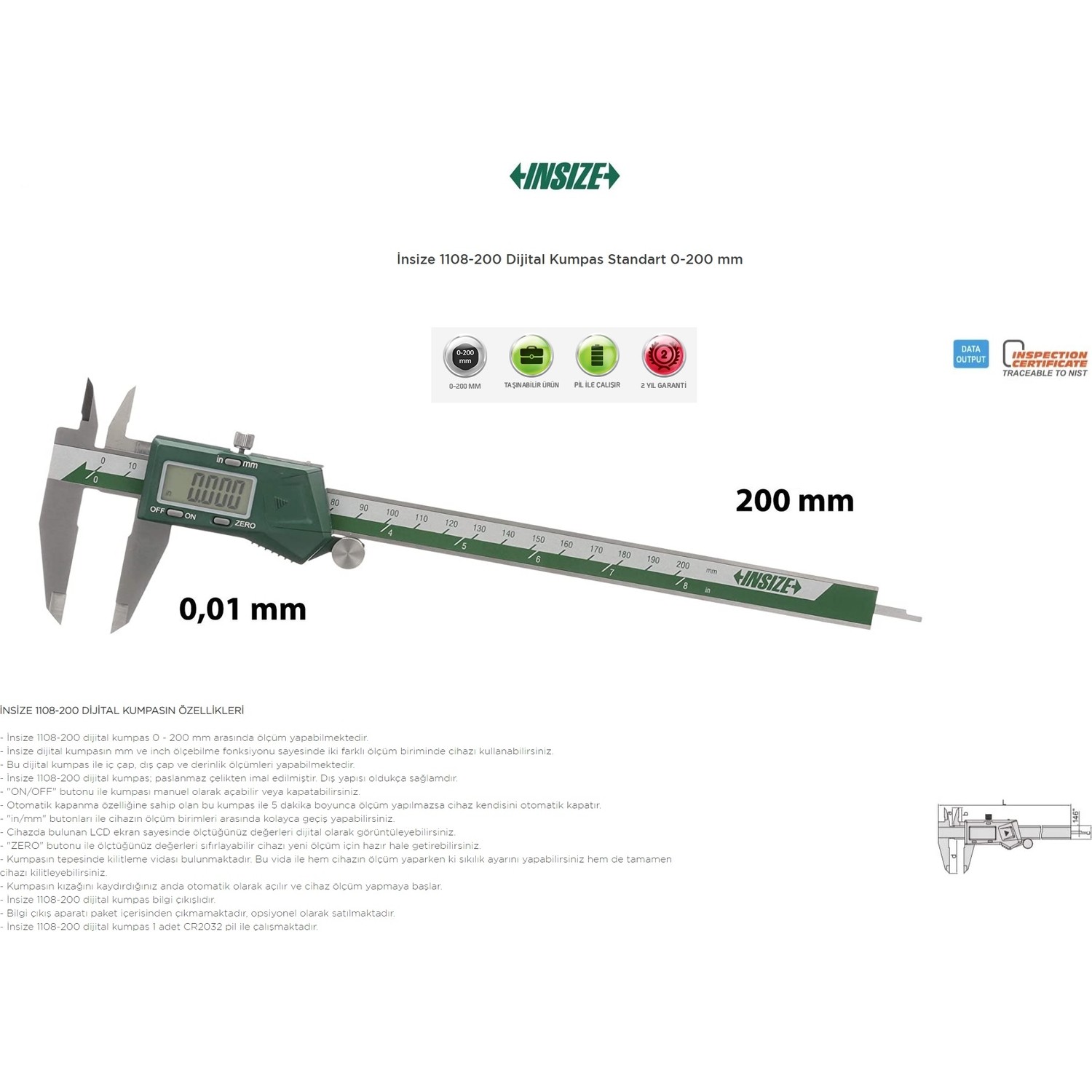 Insize 1108-200 Dijital Kumpas Standart 0-200 mm Fiyatı