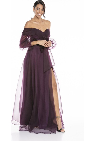 Abiye Sarayı Mor Kayık Yaka Yırtmaç Ve Kemer Detaylı Tül Uzun Abiye Elbise