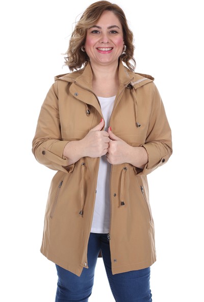Brendon Kadın Büyük Beden Pamuklu Mevsimlik Trençkot 3005 Camel 21S32003005