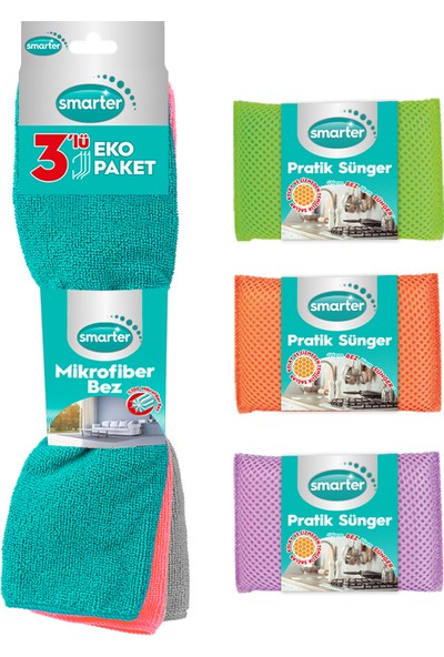 Smarter 3'lü Mikrofiber Temizlik Bezi + 3'lü Pratik Sünger