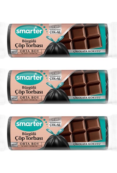 Smarter 3'lü Çikolata Kokulu Büzgülü Orta Boy Çöp Torbası ( Çöp Poşeti )