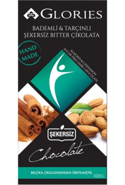 Glories Chocolate Bademli ve Tarçınlı Diyet Bitter Tablet (100 Gr)