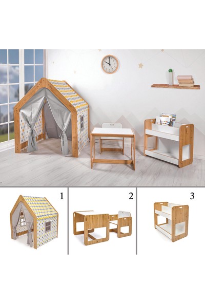 Minera Kumru Model Çocuk Çalışma Oyun Masa Sandalye Kitaplık ve Oyun Evi Seti Minera Kumru Model Çocuk Çalışma Oyun Masa Sandalye Kitaplık ve Oyun Evi Seti