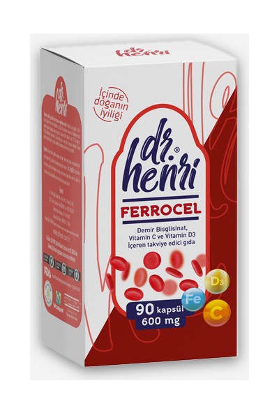 Dr. Henri Ferrocel Demir Bisglisinat, Vitamin C ve Vitamin D3 Içeren Takviye Edici Gıda 90 Kapsül Dr. Henri Ferrocel Demir Bisglisinat, Vitamin C ve Vitamin D3 Içeren Takviye Edici Gıda 90 Kapsül