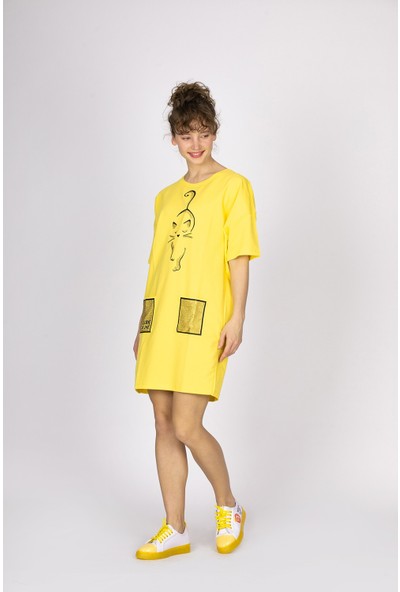 Luxxo Kadın Kedi Desenli Sarı Uzun T-Shirt Y0069