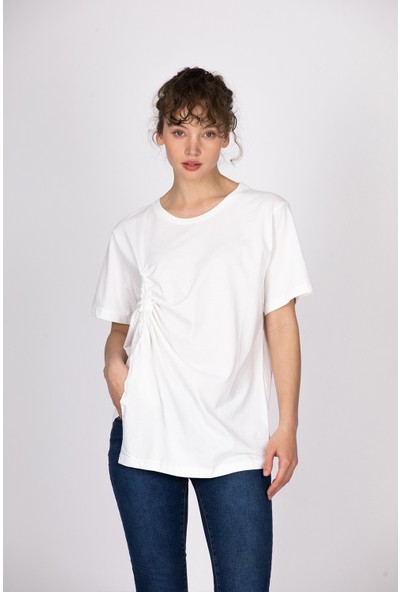 Luxxo Kadın Büzüklü Beyaz T-Shirt Y0075