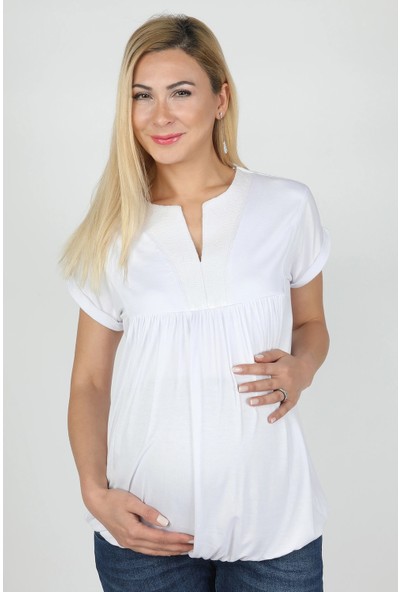 Balins Hamile Viskon Yakası Payetli Tişört Beyaz