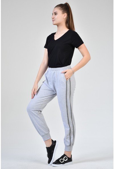 Big Free TB21KB099019 Gri Melanj Kadın Sim Şeritli Ribanalı Eşofman Altı