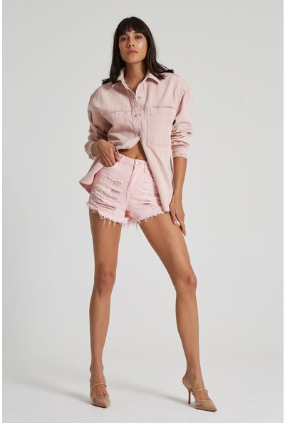 Cross Jeans Kadın Açık Pembe Yüksek Bel Paçası Kesikli Yıprtamalı Jean Şort C 4534-012