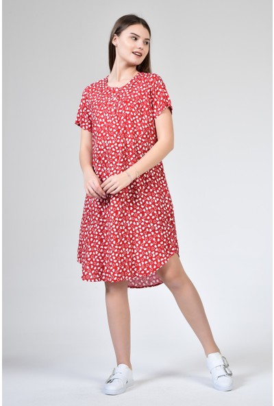 Rodi DS21YB112192 Kırmızı Kadın Yuvarlak Yaka Kalp Baskılı Elbise