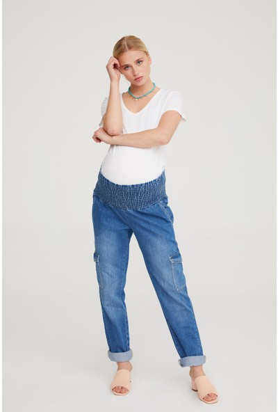 Organik Denim Kargo Ceplik Pantolon Koyu Mavi 1090