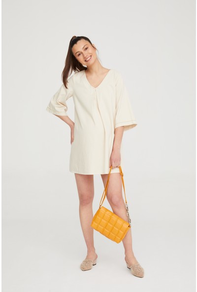 Hamile Pileli Bej Tunik Elbise 1078