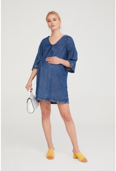 Hamile Pileli Denim Mavi Elbise 1078