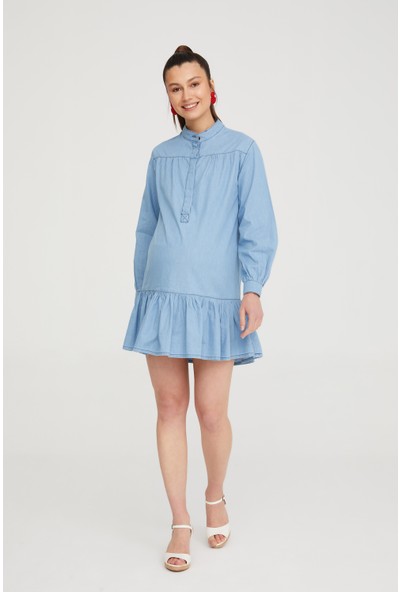 Hamile Fırfırlı Uzun Kollu Açık Mavi Elbise 1068 Hamile Fırfırlı Uzun Kollu Açık Mavi Elbise 1068