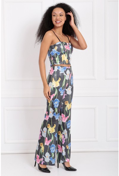 Sense Geniş Paçalı Leopar ve Yılan Desen Payet Pantolon | PNT32440 Çiçekli