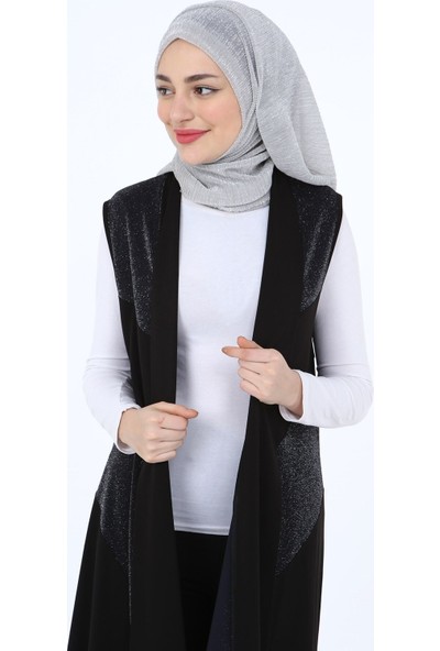Ferace Kadın Asimetrik Kesim Simli Siyah Yelek