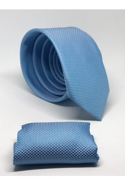 Kravat Gezegeni Turkuaz Mavisi Slim Fit Oxford Kuş Gözü Desen Mendilli Kravat