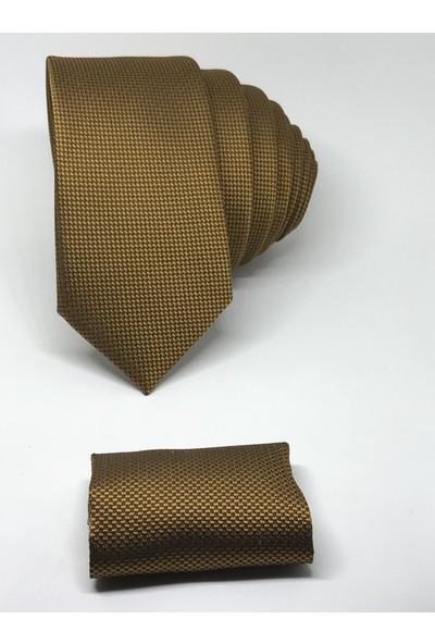 Kravat Gezegeni Bakır Renk Slim Fit Oxford Kuş Gözü Desen Mendilli Kravat