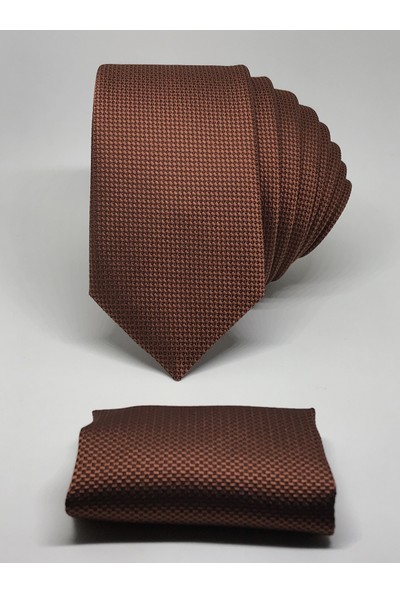 Kravat Gezegeni Bakır Rengi Slim Fit Oxford Kuş Gözü Desen Mendilli Kravat