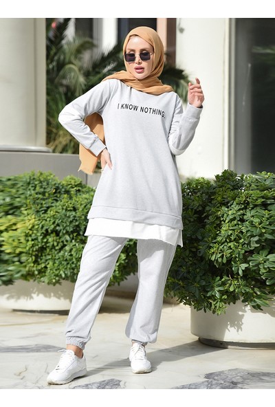 I Know Baskılı Kolu Çizgili Ikili Takım - Gri - Por La Cara