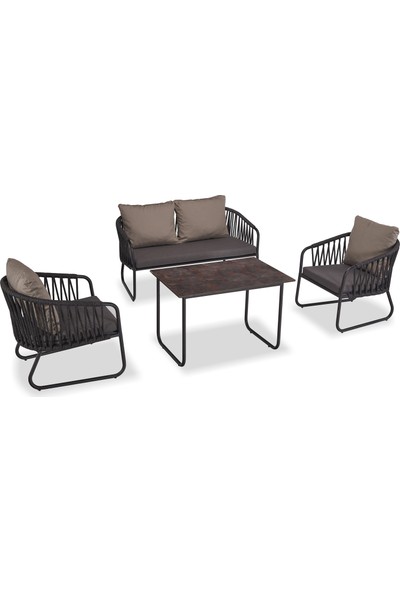 Decosit Riva Rattan Ip Halat Örgü Bahçe Oturma Grubu (2+1+1+Yüksek Sehpa) Kırçıllı Antrasit - Toprak Decosit Riva Rattan Ip Halat Örgü Bahçe Oturma Grubu (2+1+1+Yüksek Sehpa) Kırçıllı Antrasit - Toprak