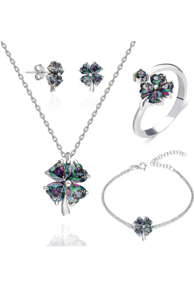Trendy Takı 925 Ayar Gümüş Mistik Topaz Taşlı Yonca Set Trendy Takı 925 Ayar Gümüş Mistik Topaz Taşlı Yonca Set