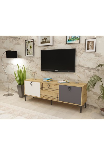 Cantek Arya Tv Sehpası Safir-Meşe-Beyaz-Antrasit