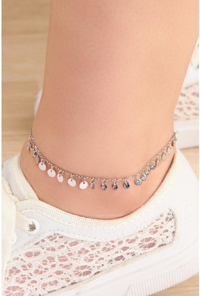 TMT Gümüş Mistik Topaz Taşlı Yuvarlak Pullu Halhal