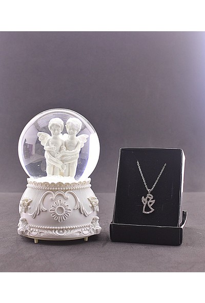 Deco Elit Kadınlar Gününe Özel Zirkon Taşlı Melek Kolye ve Melek Kar Küresi Set