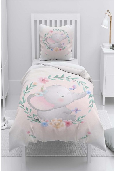 Else Gri Pembe Fil Hayvanlı Desenli Tek Kişilik Çocuk Nevresim Takımı