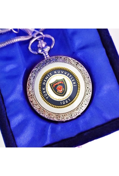 Denacci Deniz Kuvvetleri Komutanlığı Amblem Kapaklı Kişiye Özel Krom Köstekli Saat Cep Saati Özel Kutusunda