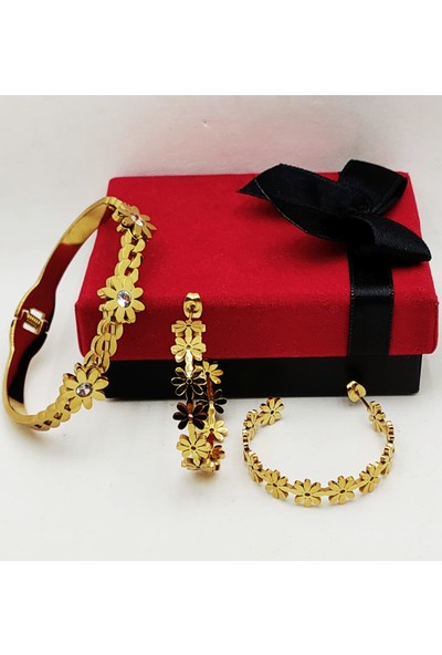 Bay Hediye Altın Kaplama Çelik Çiçek Desenli Bilezik ve Halka Küpe Set