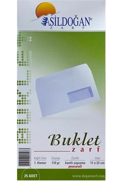 Asil Pencereli Buklet Zarf 110 gr Silikonlu 25'li 12 x 22 cm