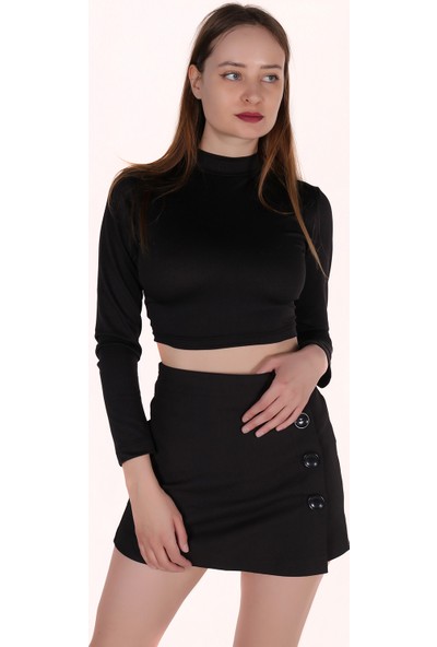 Kaftan Giyim Kadın Siyah Düğme Detaylı Şort Etek