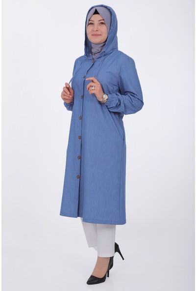 Kombinal Kadın Açık Mavi Kapüşonlu Tesettür Büyük Beden Kot KAP-457