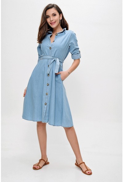 Beyaz Giyim Kadın Açık Mavi Uzun Kol Düğmeli Kot Elbise Beyaz Giyim Kadın Açık Mavi Uzun Kol Düğmeli Kot Elbise