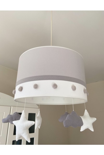 Pudradecor Bebek Çocuk Odası Avize / Ponponlu Gri Beyaz Bebek Çocuk Odası Lambası Çap=35 cm