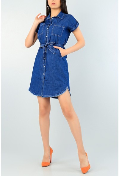 Beyaz Giyim Kadın Koyu Mavi Kuşaklı Püsküllü Kısa Kollu Mini Kot Elbise