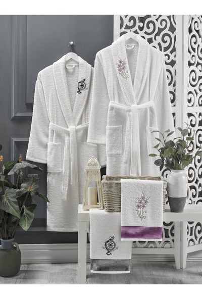Casnack Beyaz 4'lü Takım Havlulu Bornoz Seti