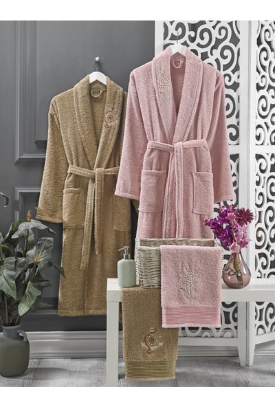 Casnack Kahve Pudra Havlulu Bornoz Seti 4lü Casnack Kahve Pudra Havlulu Bornoz Seti 4lü