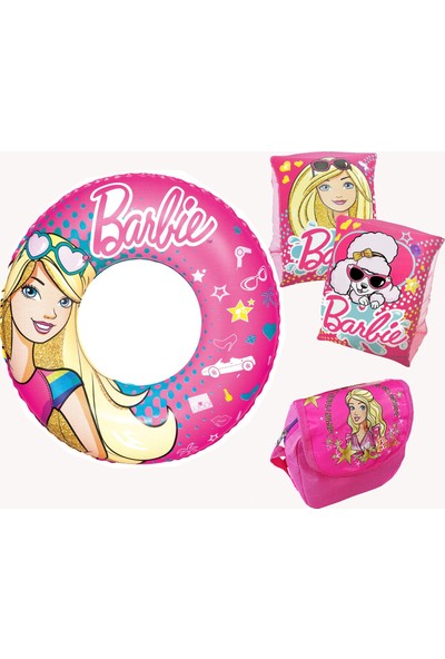 Barbie Lisanslı Çantalı Deniz ve Havuz Çocuk Can Simidi ve Kolluk Taşıma Çantalı Yüzme Seti