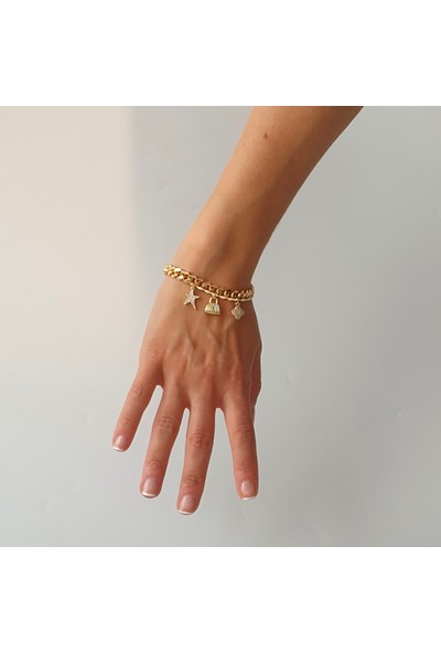 Eva Takı Gurmet Kalın Zincir Kilit Detaylı Çelik Gold Bileklik