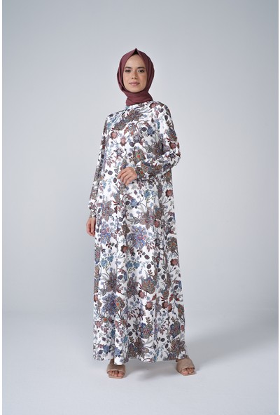 Thesetthur Etnik Desen Mikro Kuımaş Uzun Vera Elbise Krem