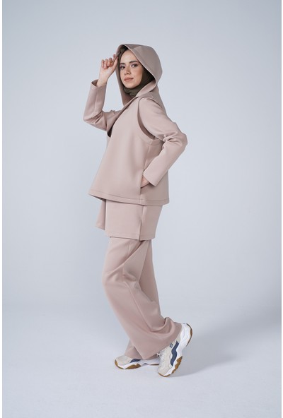 Thesetthur Puf Kumaş Kapşonlu ve Cep Detaylı Süveter Vizon