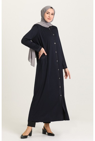 Busse Lacivert Büyük Beden Taş Baskılı Pardesü