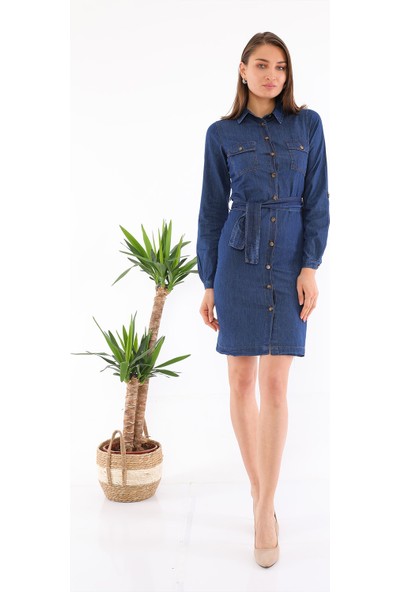 Beyaz Giyim Kadın Mavi Uzun Kol Cep Detaylı Düğmeli Kısa Kot Tunik Elbise