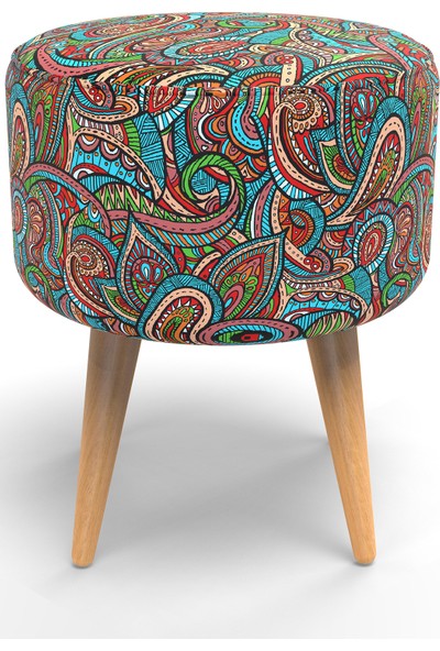 New Old Silindir Puf Masif Iskelet ve Ayaklar Dokuma Kumaş Kırmızı